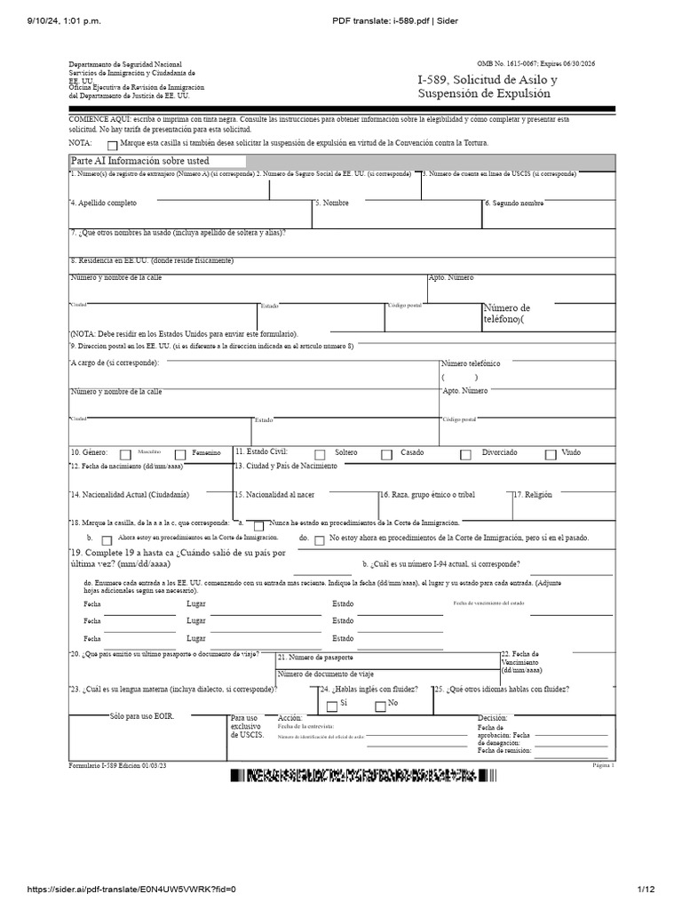 Formulario I-589: Solicitud de Asilo | PDF | Documento de identidad ...