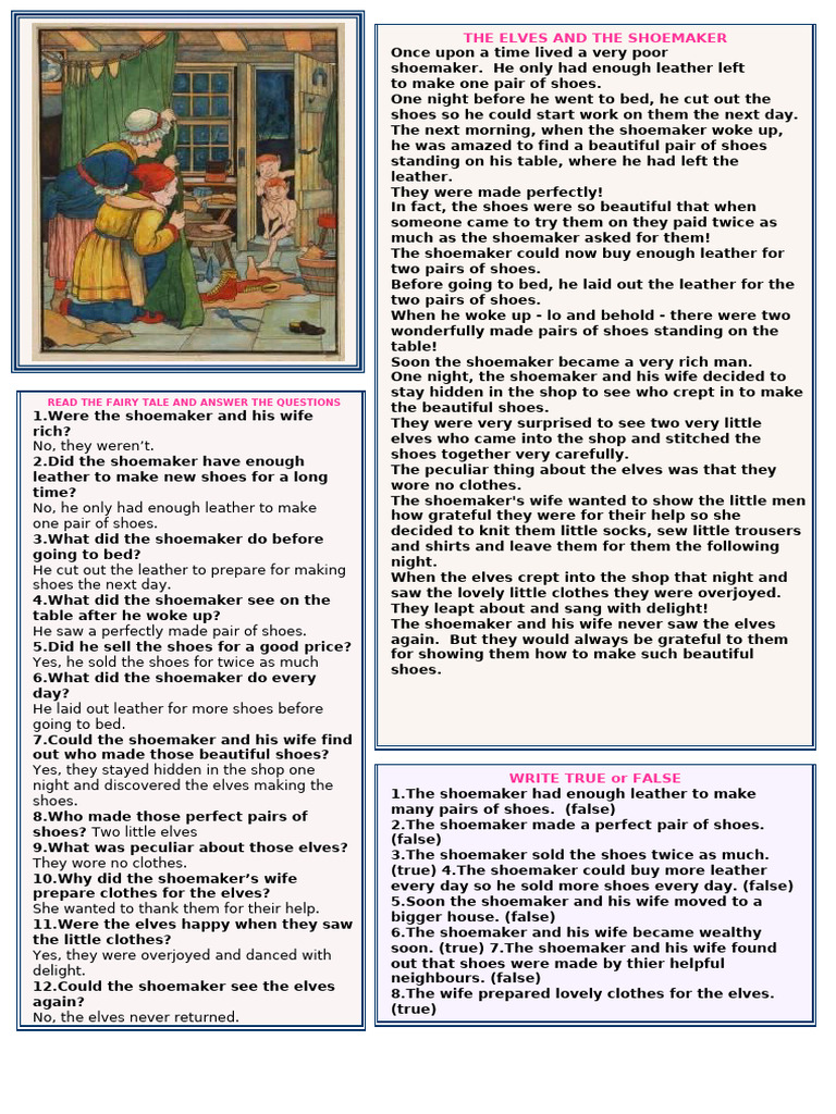 Simple Past Tense The Elves and The Shoemaker Short-Story | PDF | Shoe ...