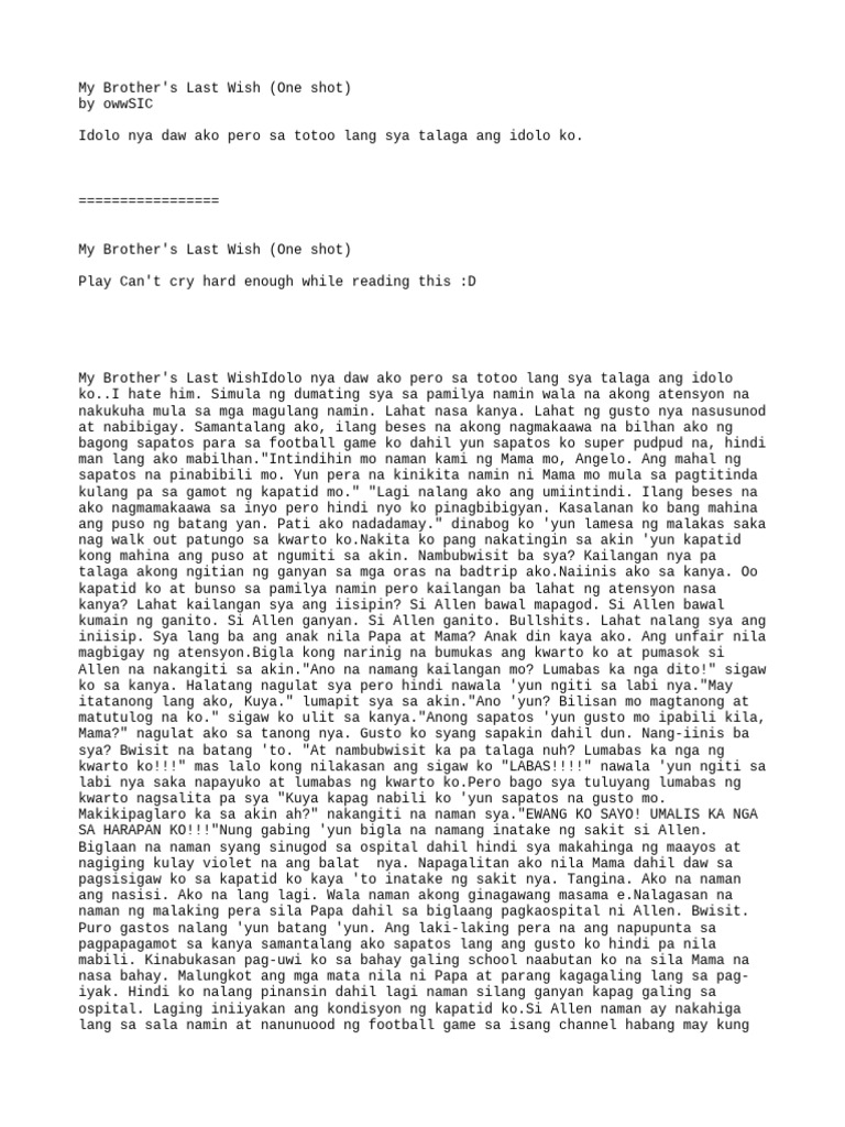 My Brother's Last Wish (OS) - Owwsic | PDF