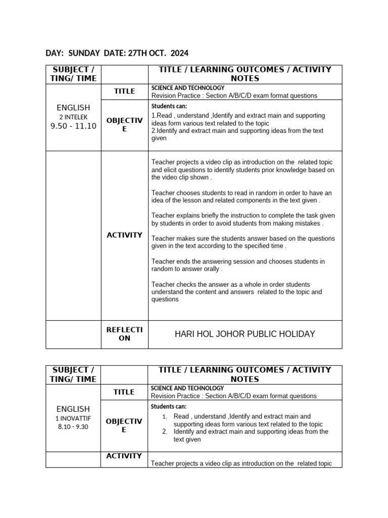 2024 27 Oct Lesson Plan | PDF | Teachers | Human Communication