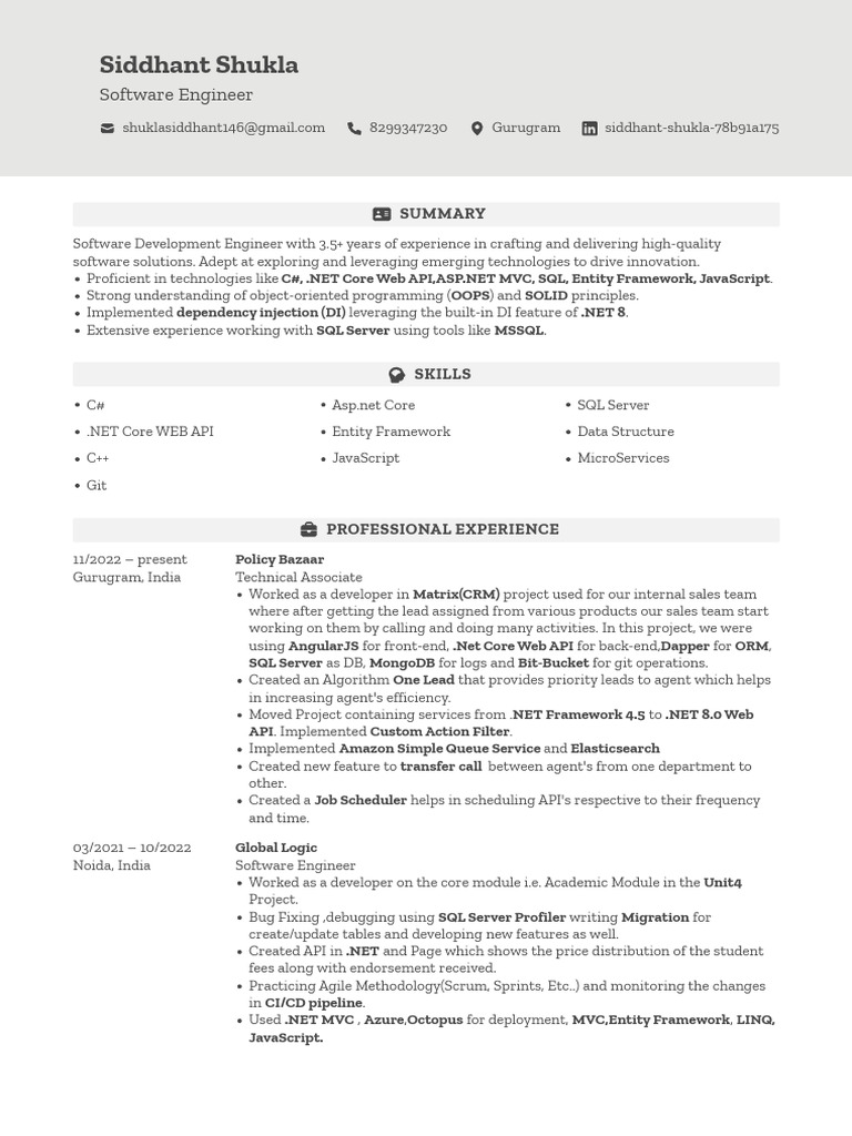 Siddhant Shukla Resume 20240826 | PDF | Microsoft Sql Server | Entity Framework