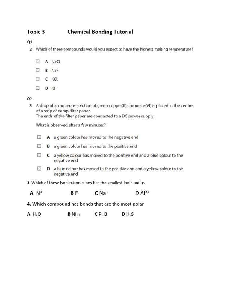 Topic 3 Chemical Bonding Tutorial | PDF | Chemical Bond | Chlorine