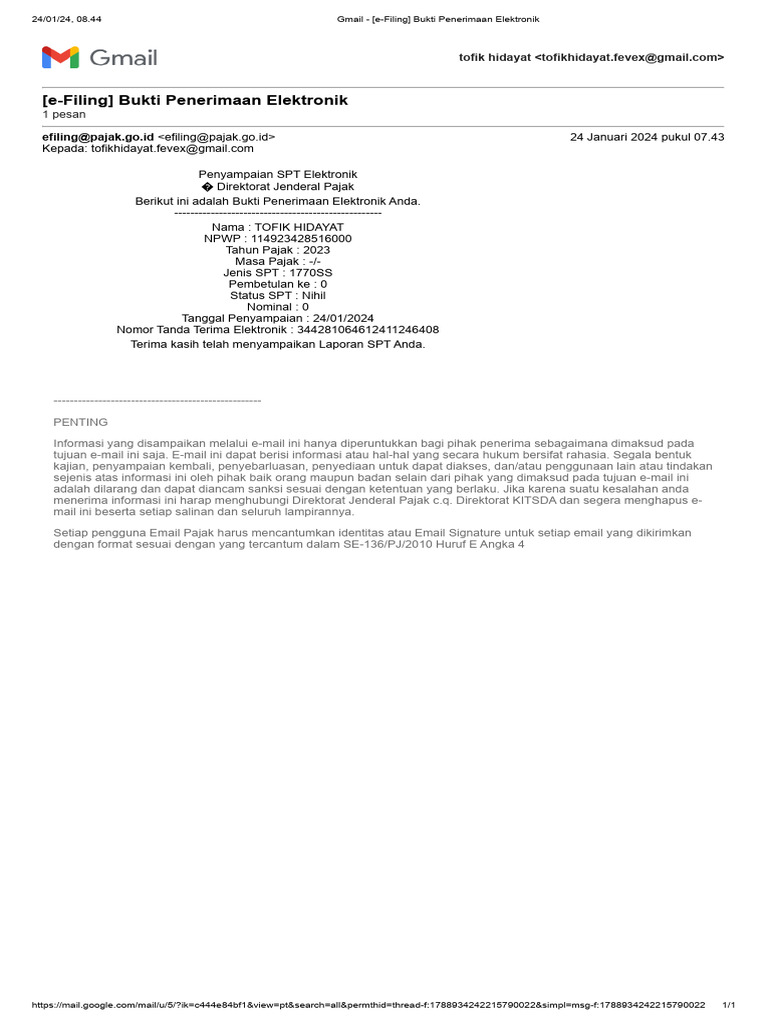 TOFIK (E-Filing) Bukti Penerimaan Elektronik | PDF