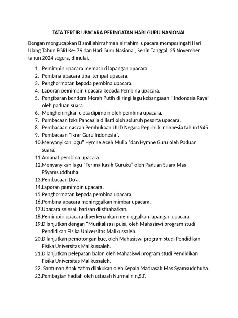 Tata Tertib Upacara Memperingati Hari Guru Nasional | PDF