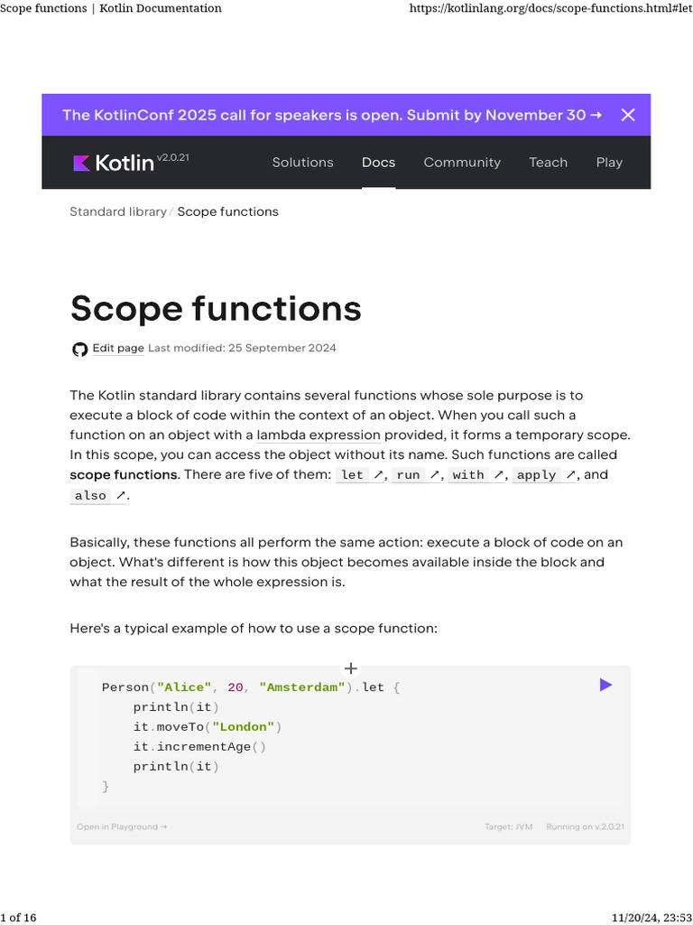 Scope Functions - Kotlin Documentation | PDF | Anonymous Function ... Scope Functions - Kotlin Documentation | PDF | Anonymous Function ...
