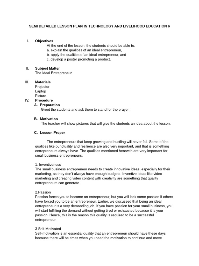 Lesson Plan in TLE-2023-1 | PDF | Entrepreneurship | Decision Making