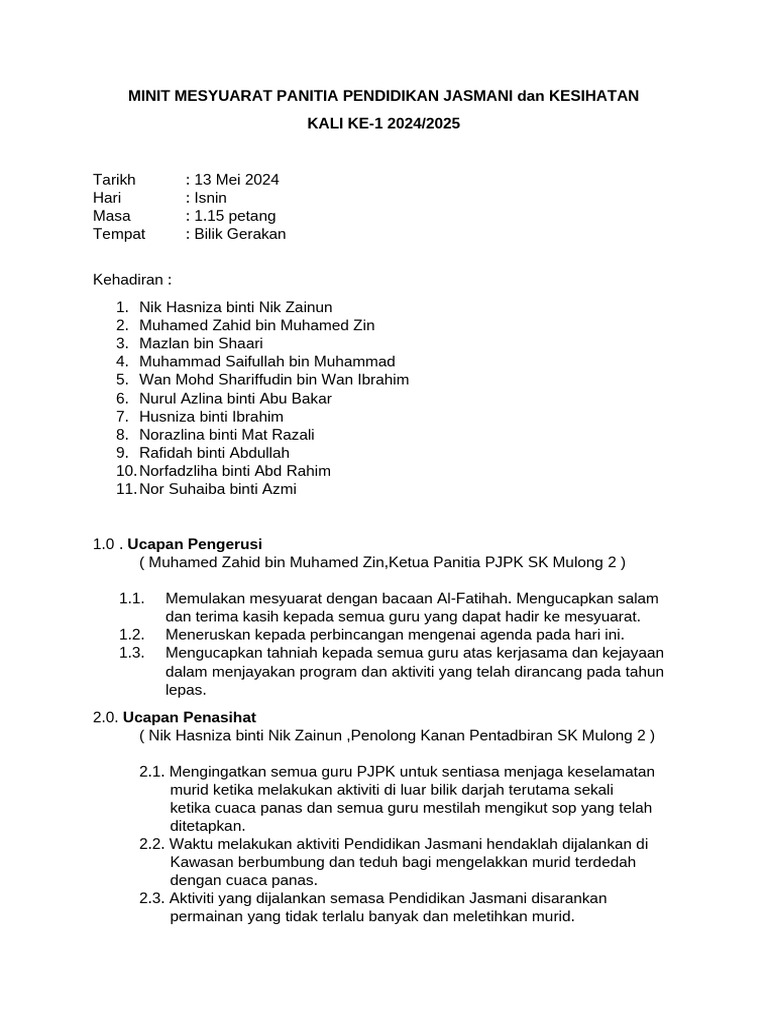 MINIT MESYUARAT PANITIA PENDIDIKAN JASMANI Dan KESIHATAN Bil 1 2024 | PDF
