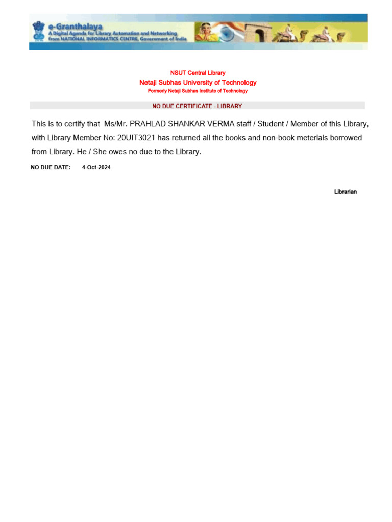 Netaji Subhas University of Technology: No Due Certificate - Library | PDF