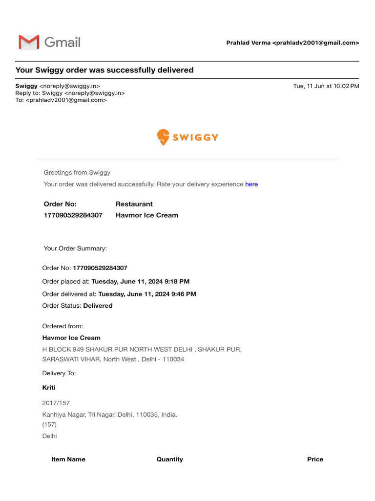 Swiggy Order Delivery Confirmation | PDF