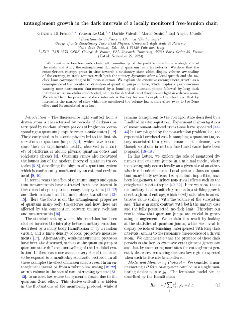 Entanglement Growth in The Dark Intervals of A Locally Monitored Free-Fermion Chain | PDF ...