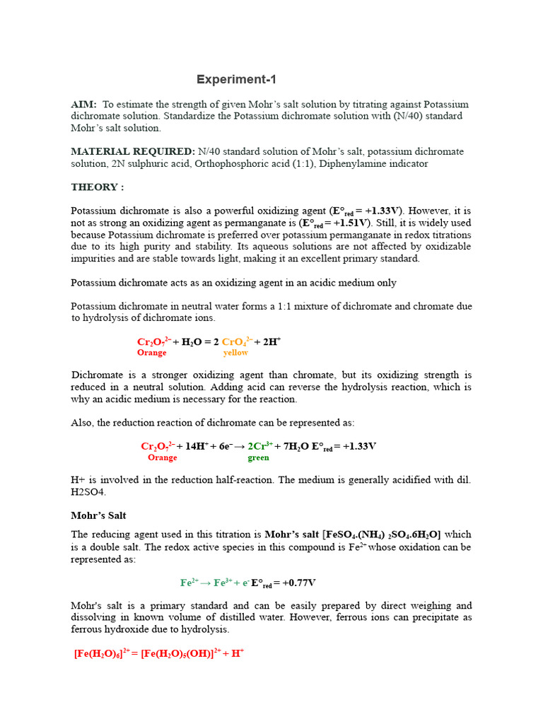 INOGN Sem 2 Exp-1 Practical-Redox Tiration-Dichromate-Mohr Salt | PDF | Titration | Chemistry
