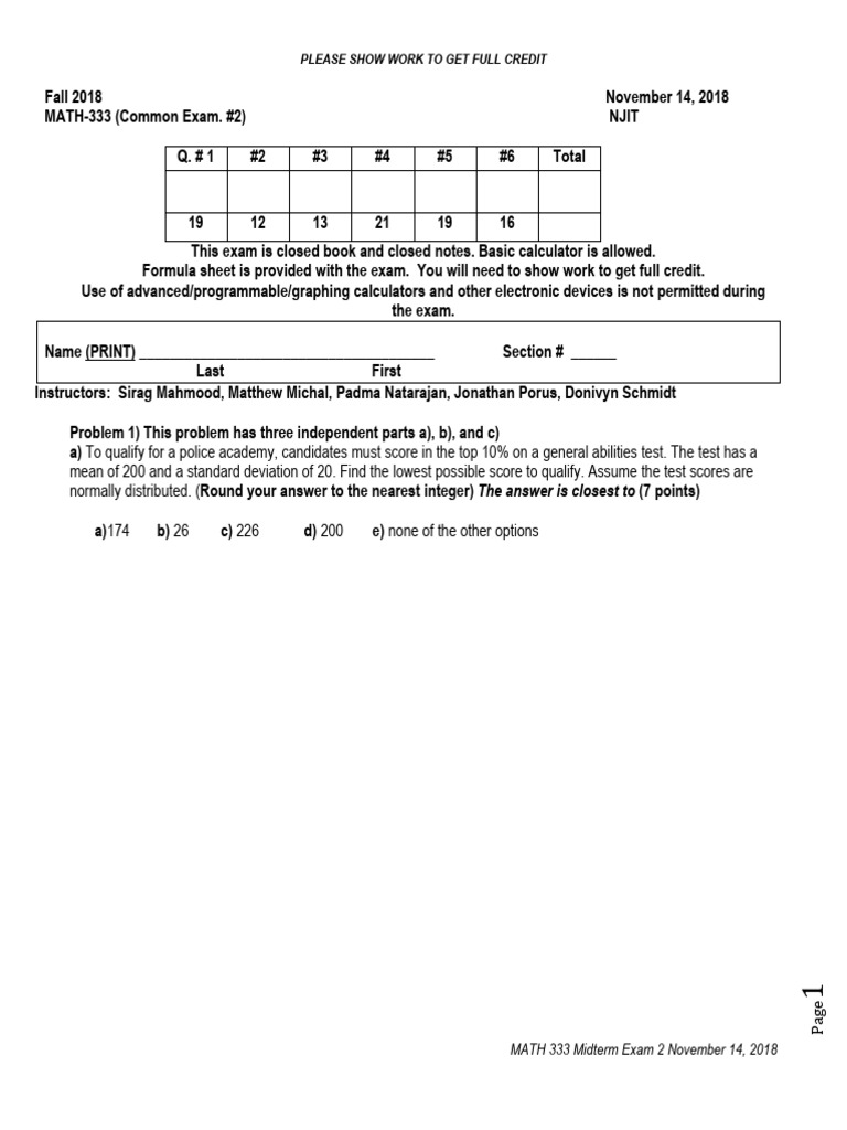 Math 333 Exam II Stats Padma | PDF | Probability Distribution | Random ...