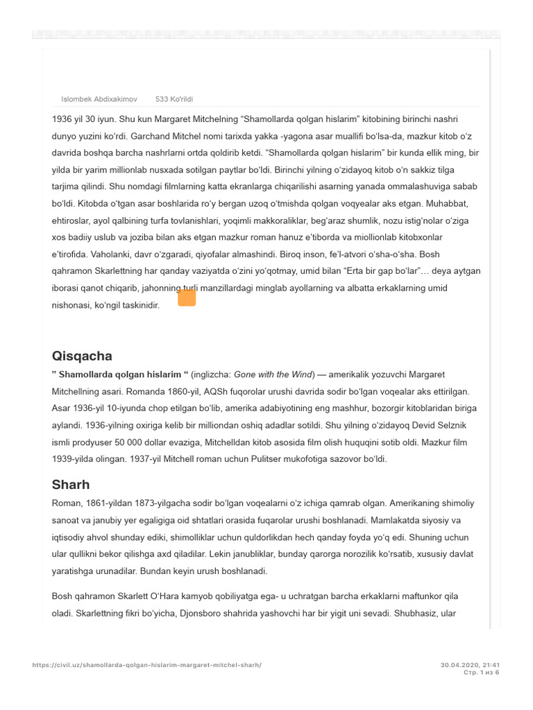 Shamollarda Qolgan Hislarim Margaret Mitchel Sharh Civil Uz | PDF