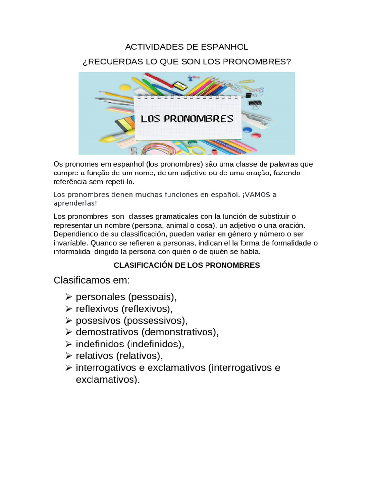 Actividades de Espanhol-Pronombres Personales | PDF | Pronome | Gramática