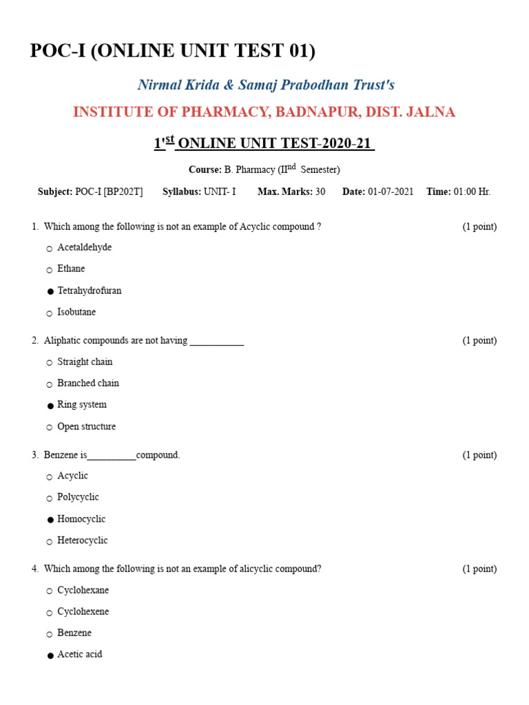 POC-I Organic Chemistry Unit Test | PDF | Organic Chemistry | Chemistry
