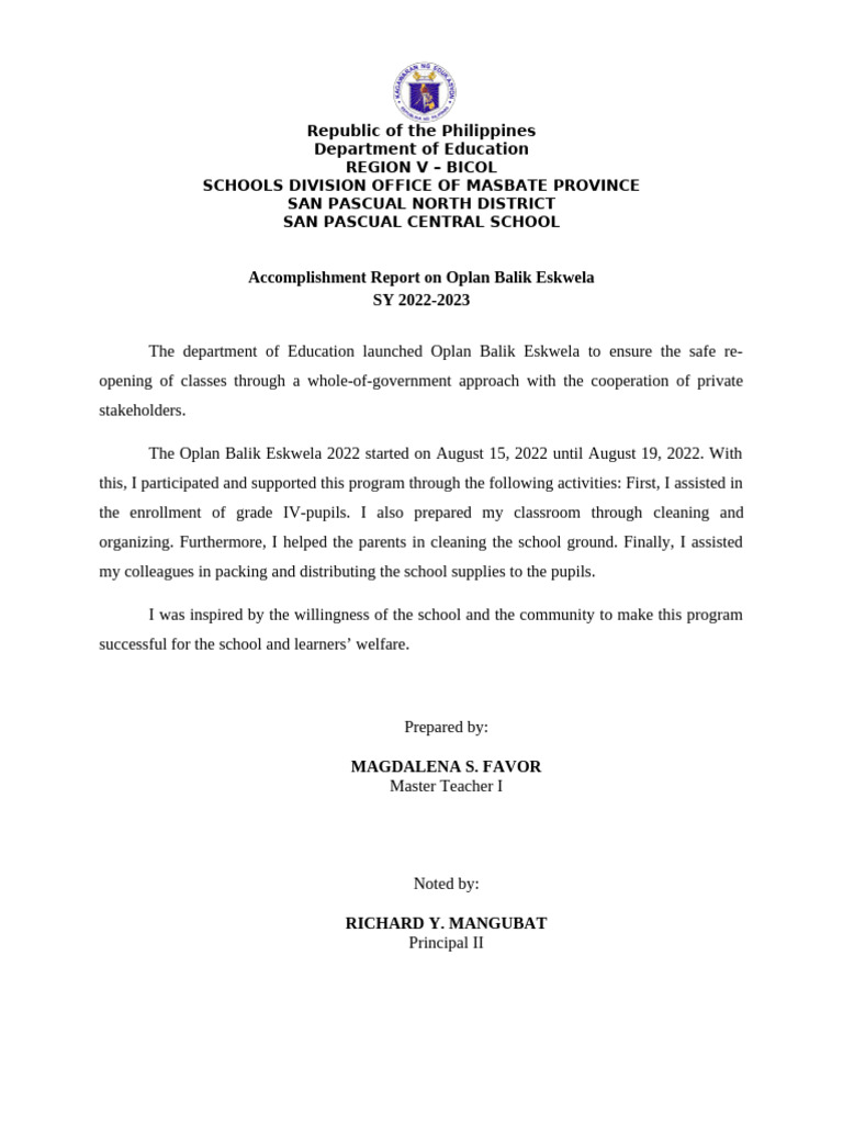 Accomplishment Report On Oplan Balik Eskwela | PDF