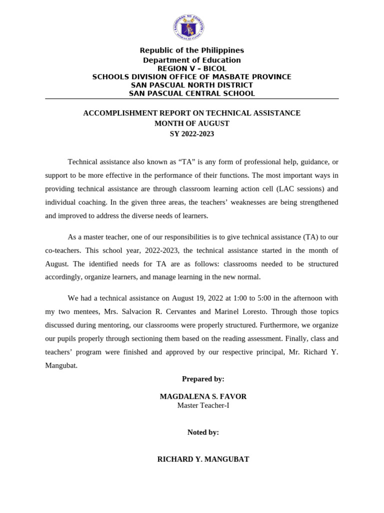Accomplishment Report On Technical Assistance | PDF