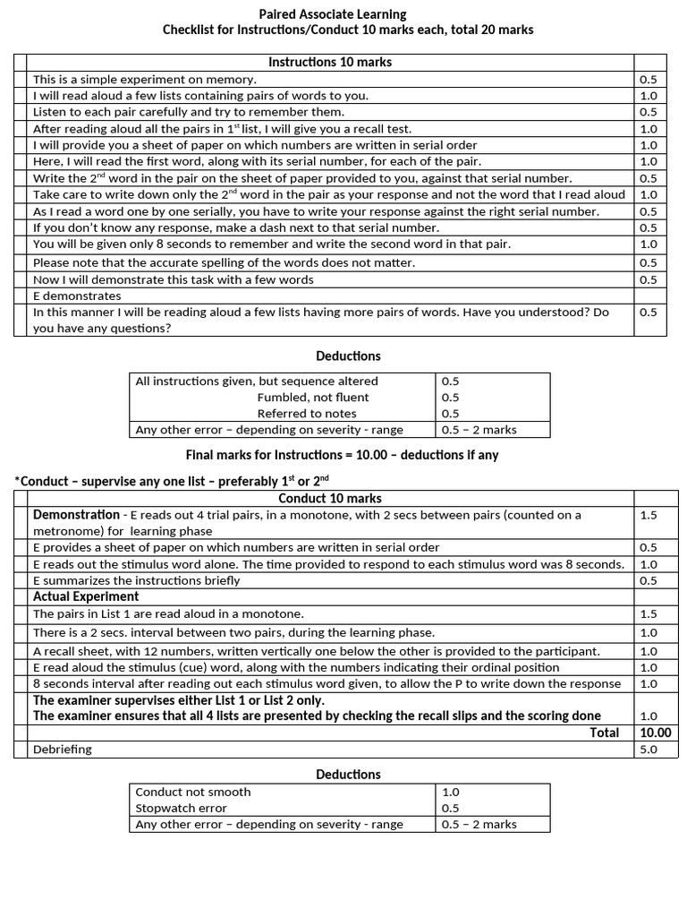 Checklist - Paired Associate Learning | PDF | Recall (Memory) | Psychology