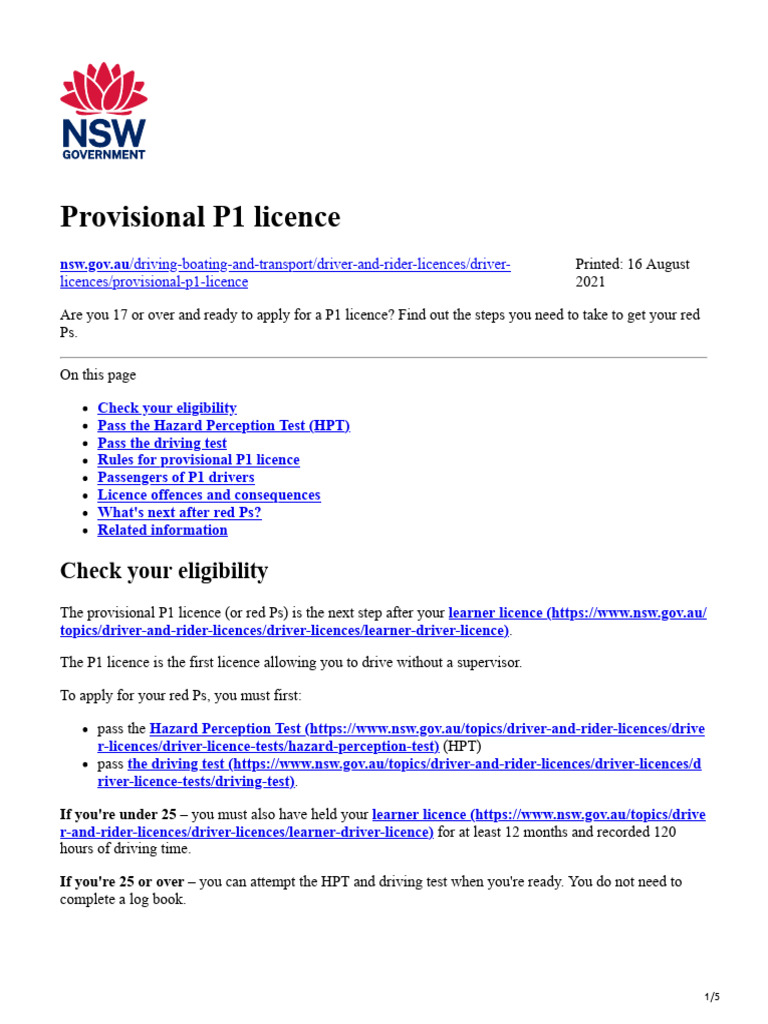NSW - Gov.au-Provisional P1 Licence | PDF | Transport | Land Transport