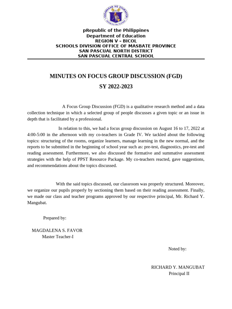 Focus Group Discussion Minutes 2022-2023 | PDF | Educational Assessment ...