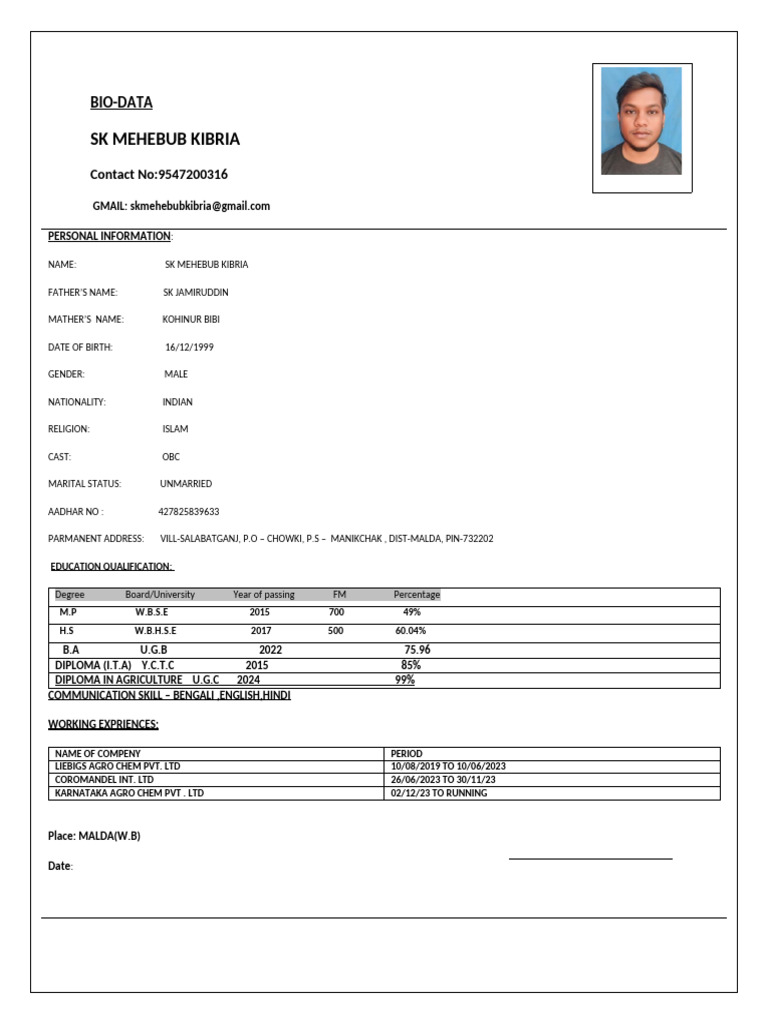 SK Mehebub Kibria: Bio-Data | PDF