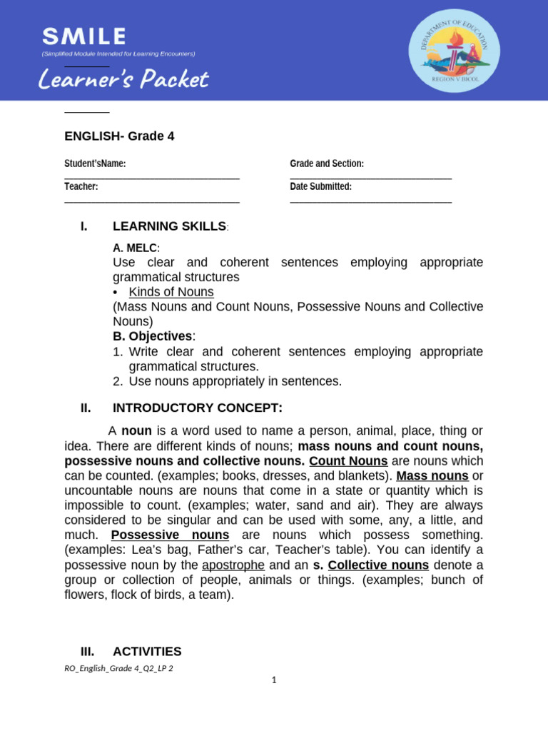 Smile LP Eng 4 q2 LP 2.final | PDF | Noun | Grammar