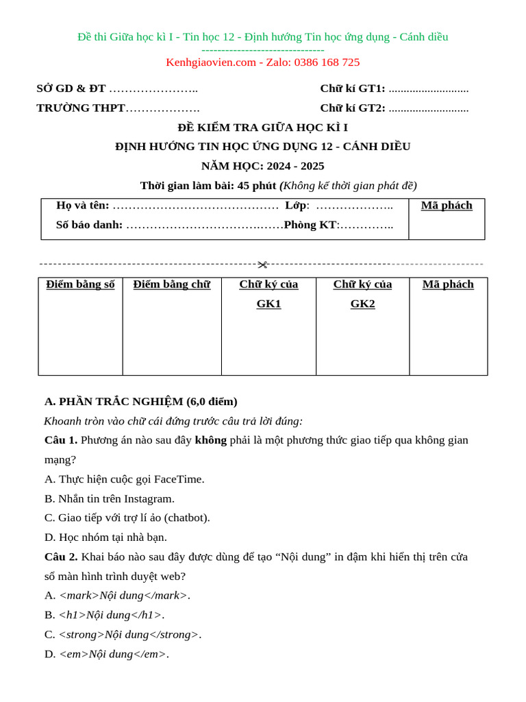 De Thi gk1 Tin 12 CD | PDF