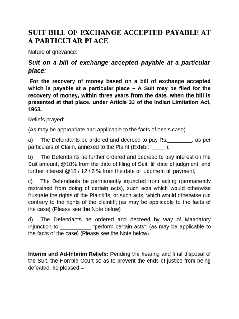 Suit Bill of Exchange Accepted Payable at A Particular Place | PDF ...