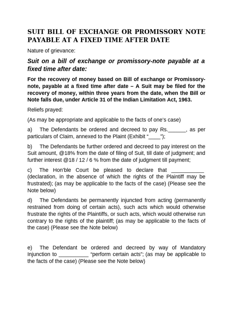 Suit Bill of Exchange or Promissory Note Payable at A Fixed Time After ...
