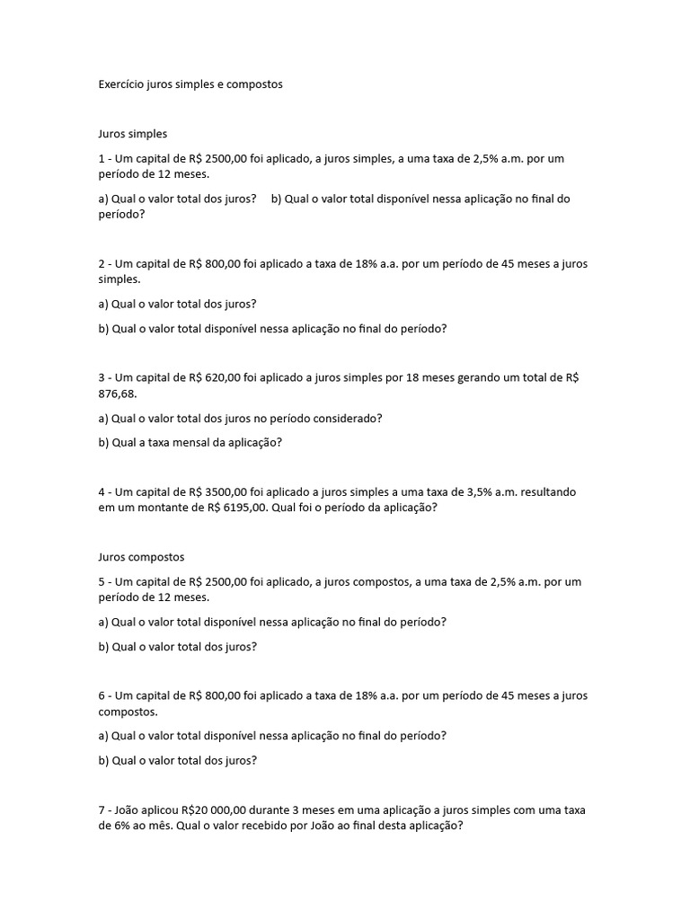 Exercício Juros Simples e Compostos para Os Alunos | PDF