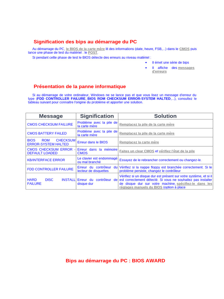 Signification des bips au démarrage PC | PDF | Démarrage d'un ...