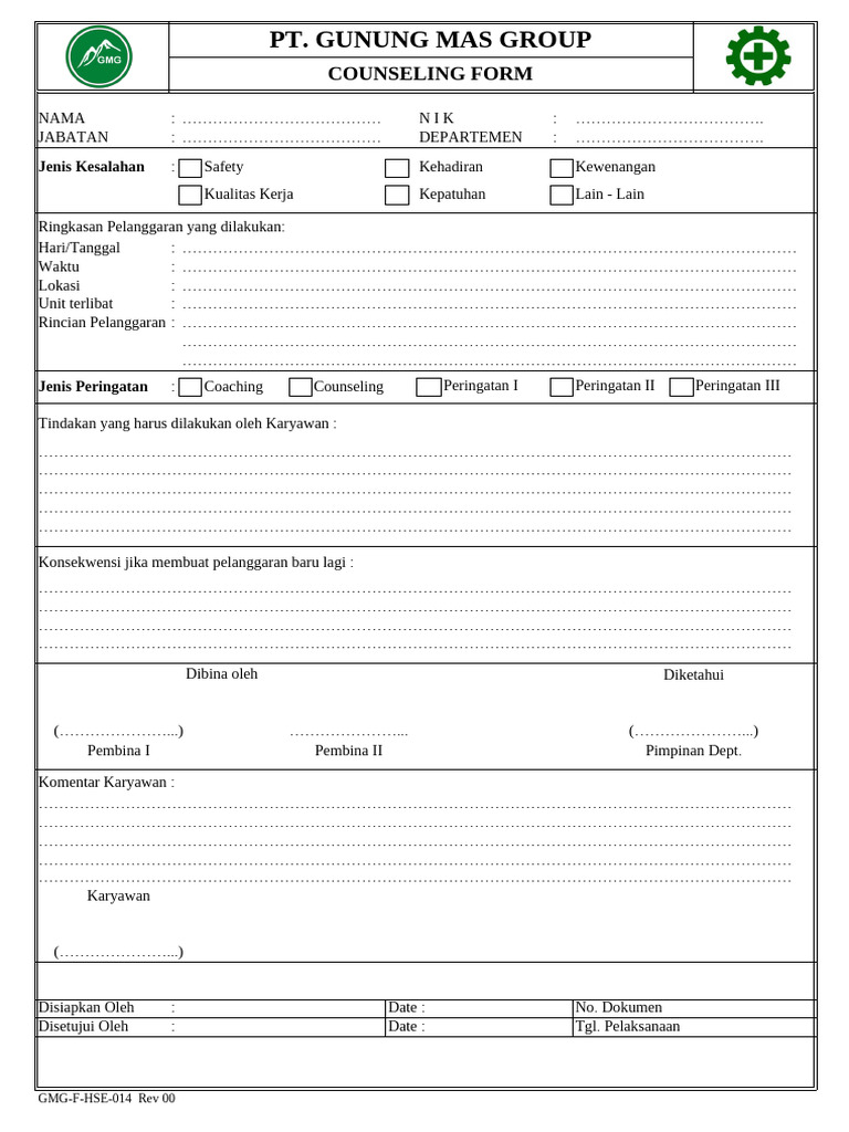 GMG-F-HSE-014 Rev 002 Formulir Counseling | PDF