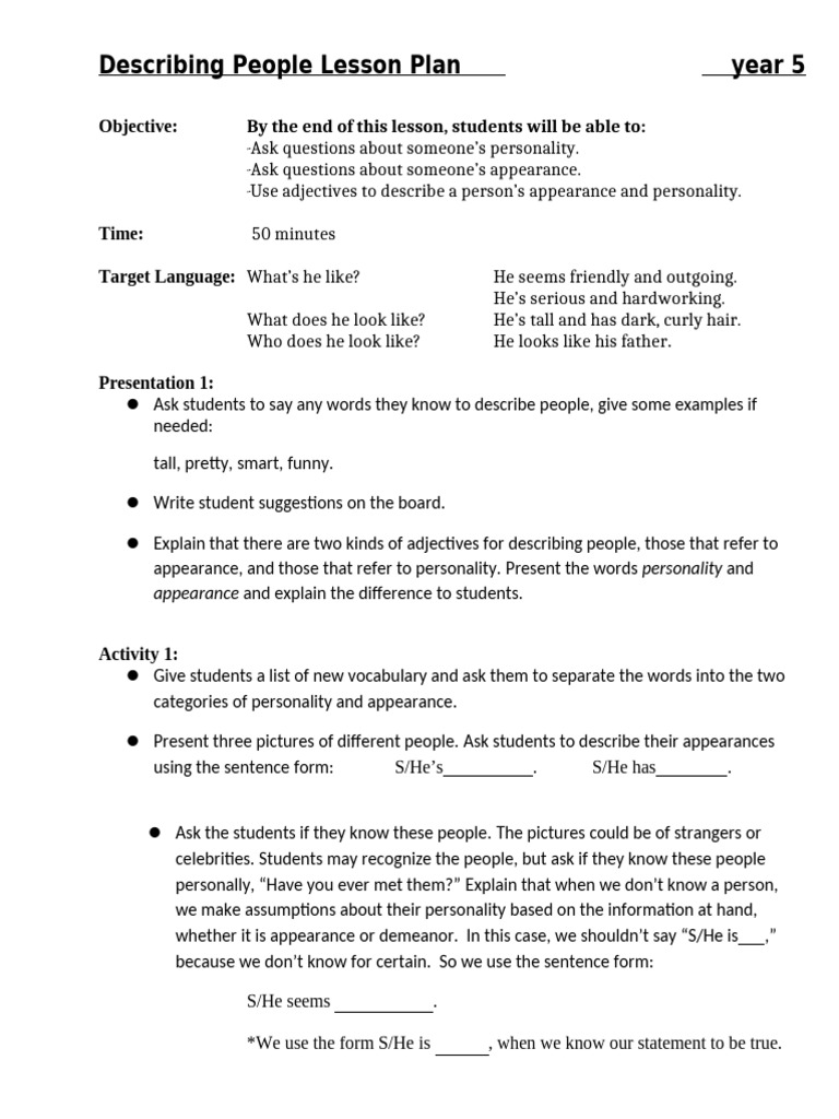 People Description Year 5 Speaking Lesson - Plan | PDF | Human ...