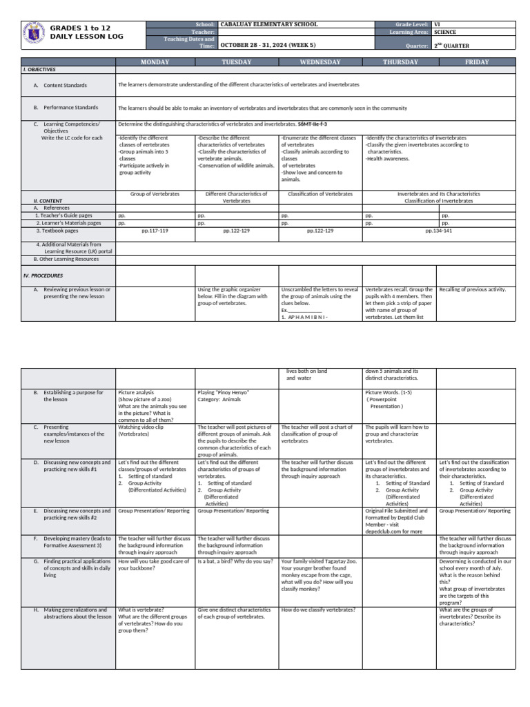 DLL - Science 6 - Q2 - W5 | PDF | Learning | Invertebrate