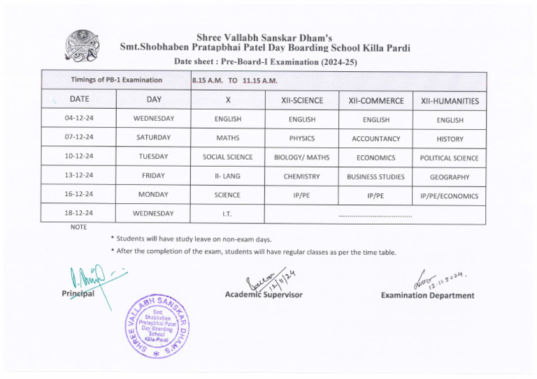 PB1 Date Sheet 2024 | PDF