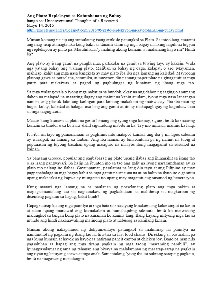 Ang Plato - Repleksyon Sa Katotohanan NG Buhay | PDF