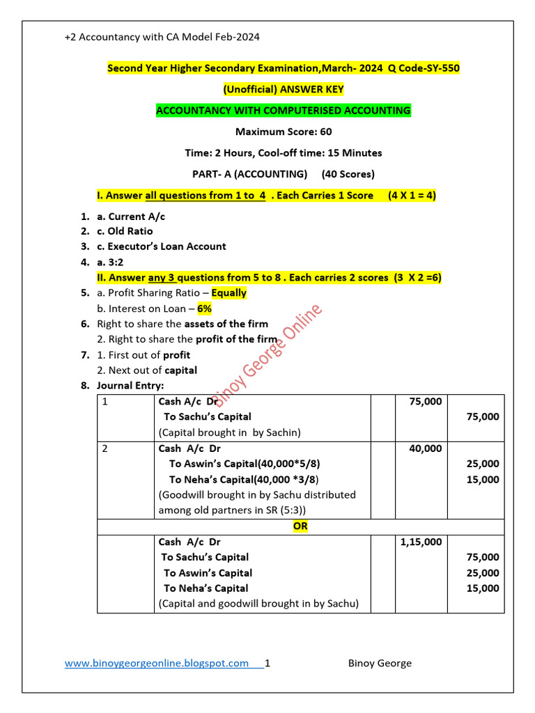 Answer Key +2 Accountancy With CA Model Exam MARCH-2024 | PDF | Debits ...