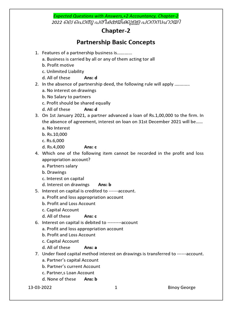 +2 Accountancy, Chapter-2 Revision Questions and Answers - Binoy George 13-03-22 | PDF ...