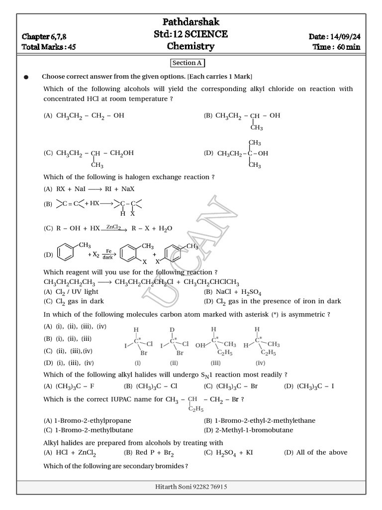 Chemistry - D14 Sept 2024 | PDF | Methyl Group | Chlorine