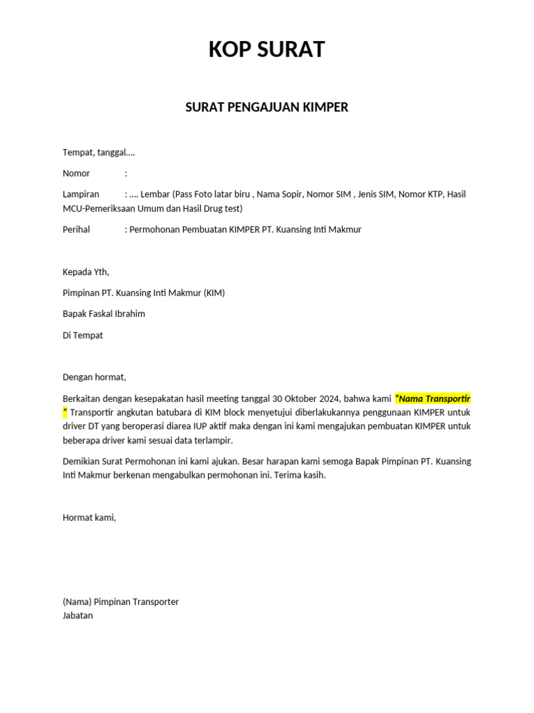 Permohonan Pembuatan KIMPER PT KIM | PDF