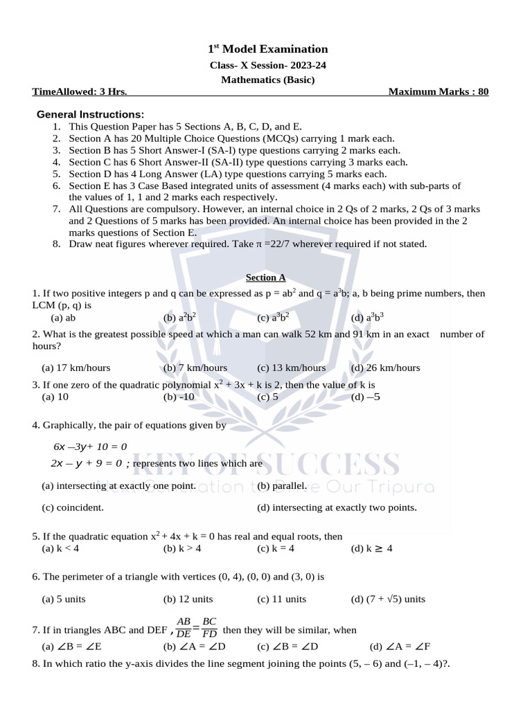 Class 10 Math Exam Paper | PDF | Circle | Area