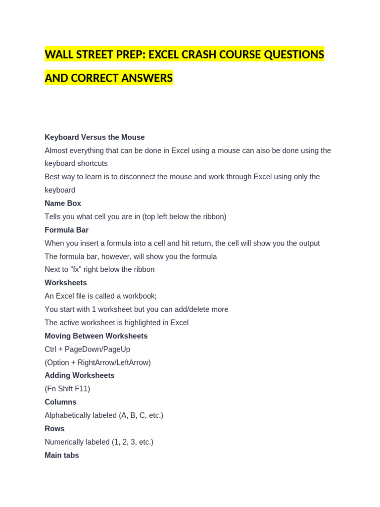 Wall Street Prep: Excel Crash Course Questions and Correct Answers | PDF | Microsoft Excel ...