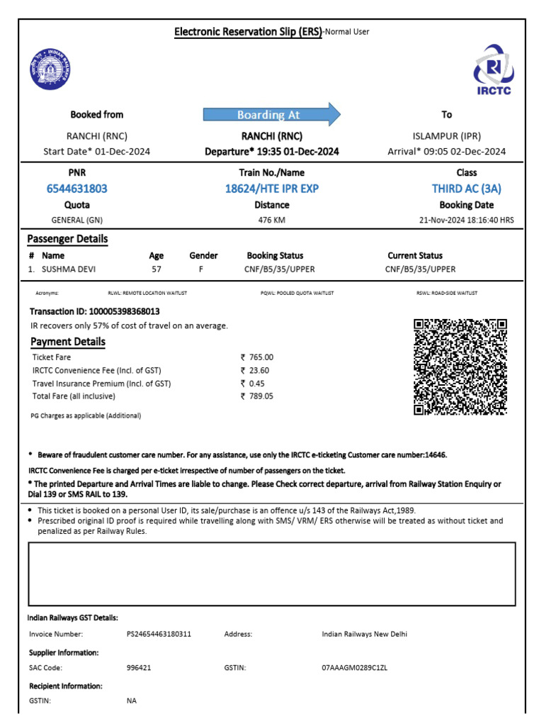 Electronic Reservation Slip for Train Booking | PDF | Identity Document