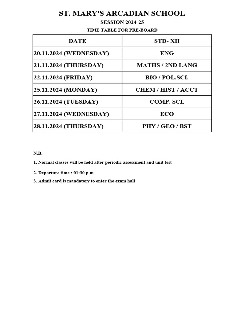 Timetable For Pre Board 2024 STD Xii | PDF