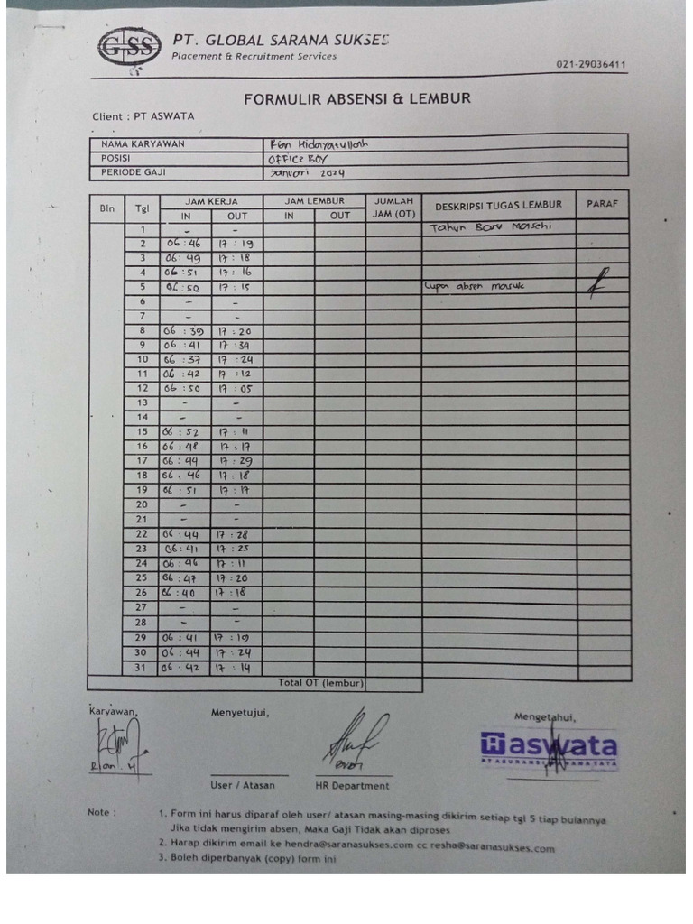 Rekap Absen Januari 2024 Rian | PDF