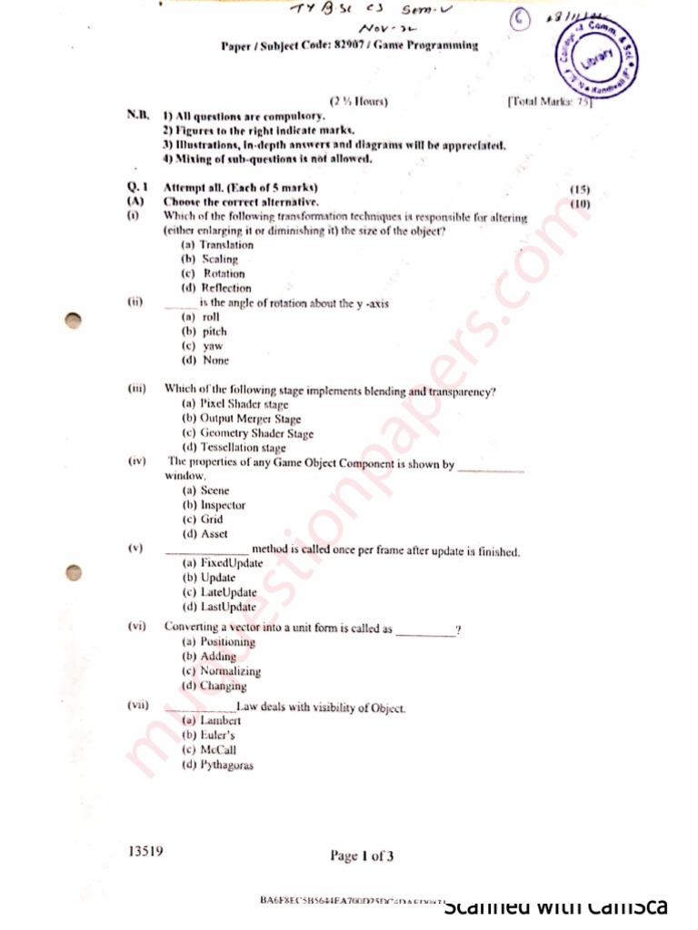 Science BSC Computer Science Semester 5 2022 November Skill Enhancement Game Programming Cbcs | PDF