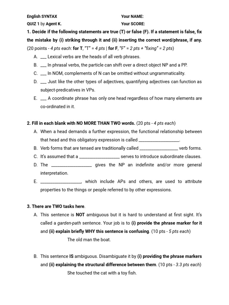English Syntax Quiz 1 | PDF | Phrase | Linguistic Typology