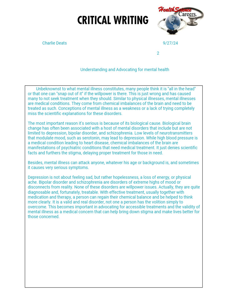 Critical Writing Worksheet | PDF | Mental Disorder | Major Depressive ...