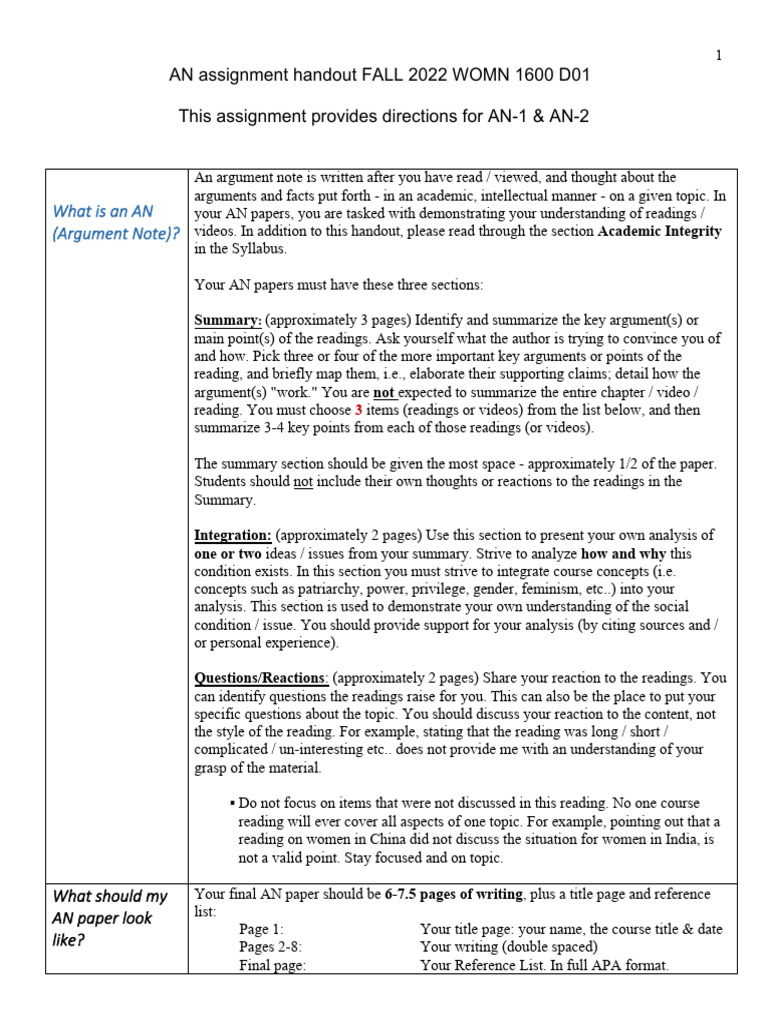 AN Assignment Handout Fall 2022 Directions For Your AN1 and AN2 | PDF ...