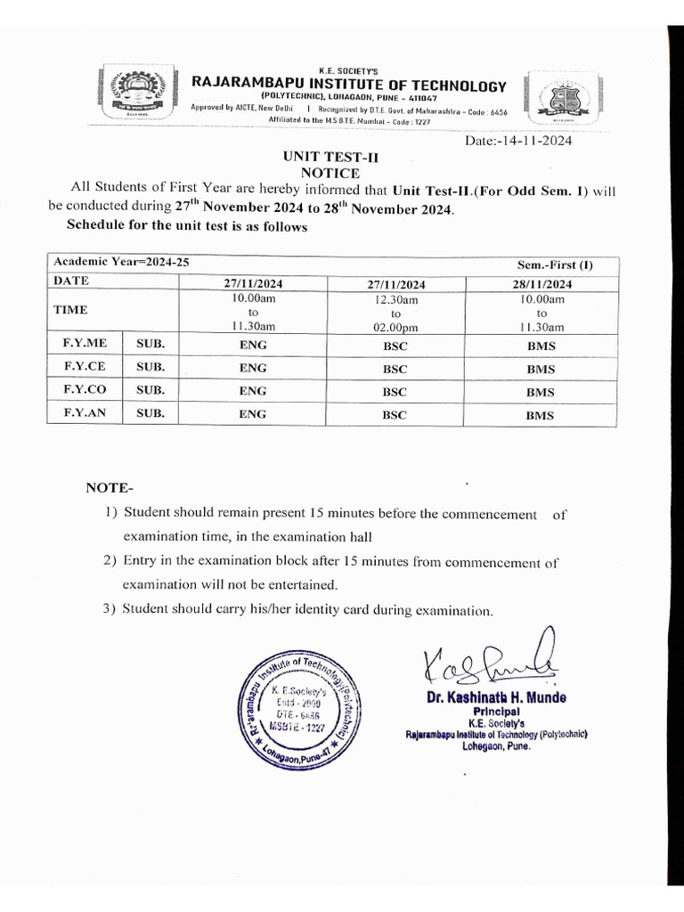FY Unit Test 2 Timetable | PDF